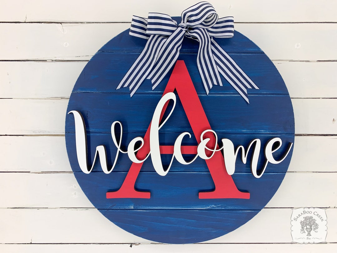 Patriotic Front Door Sign Welcome With Initial in Red White and Blue ...