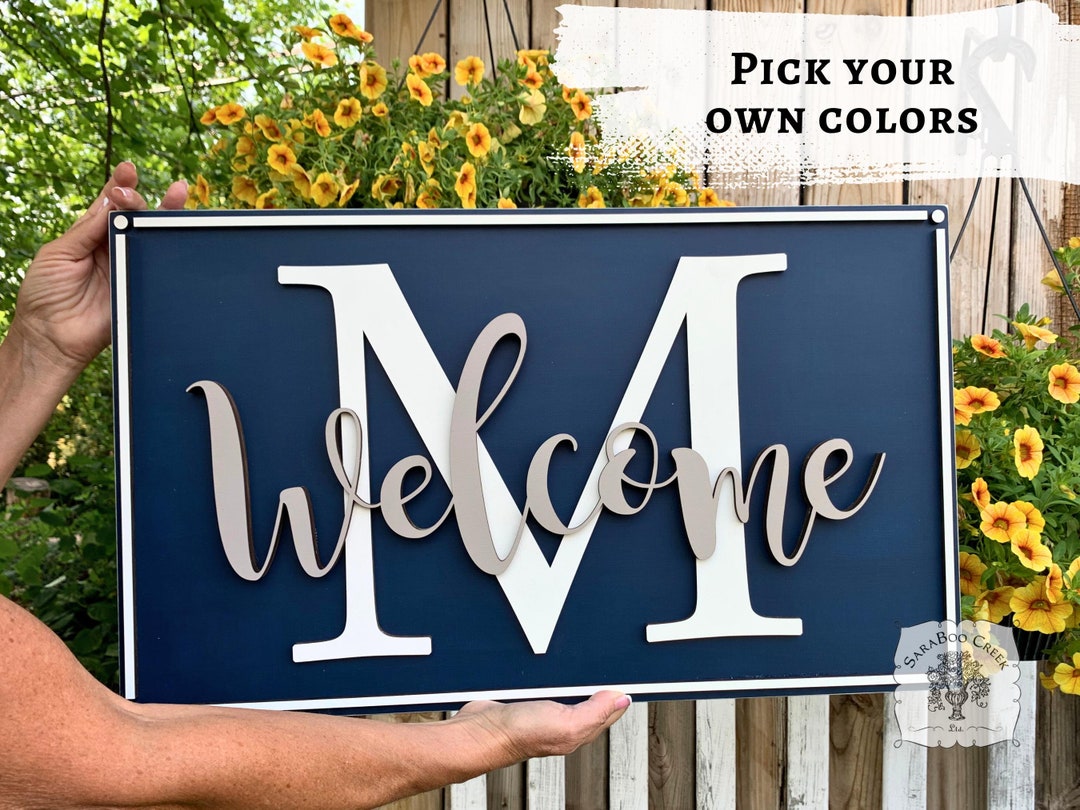 Rectangle Welcome Sign With Initial Custom Made of Layered Wood - Front ...