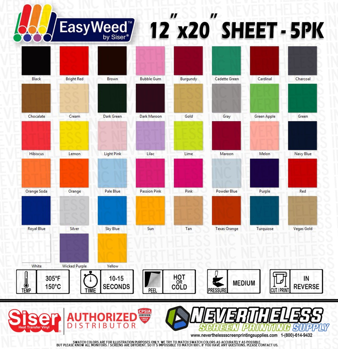 Siser Easyweed HTV Heat Transfer Vinyl - 12"x20" - 5 Pack - Message ...