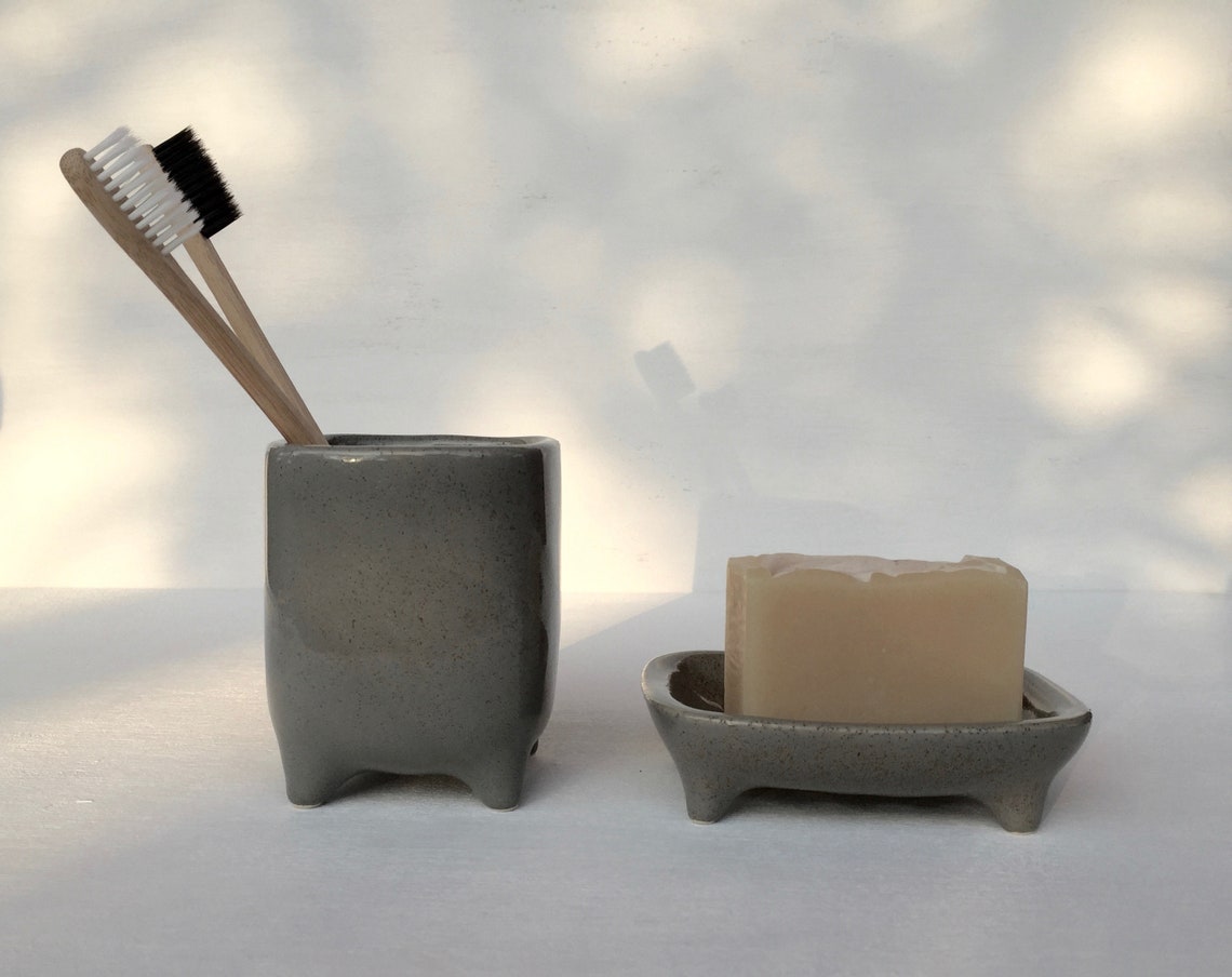 Ceramic Soap Dish and Toothbrush Holder Set / Gray bathroom | Etsy