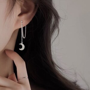 Korean Style Chain 16mm Moon Lunar Charm Earrings Stud 5cm - Etsy