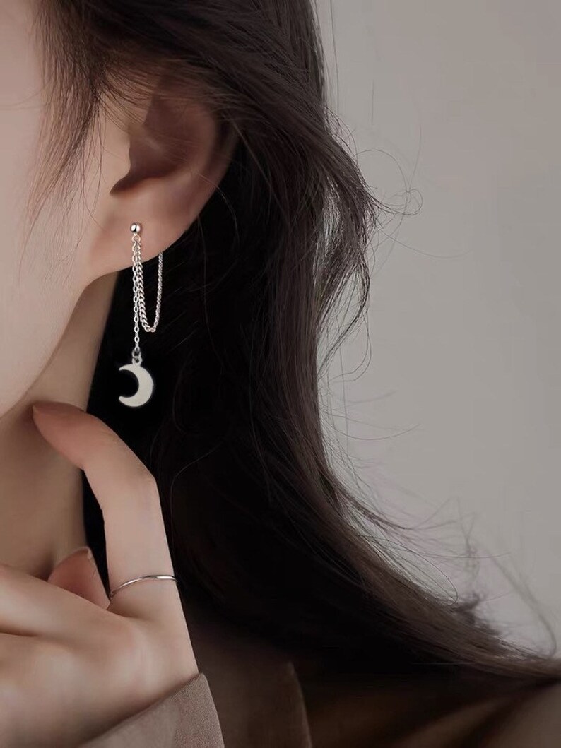 Korean Style Chain 16mm Moon Lunar Charm Earrings Stud 5cm | Etsy