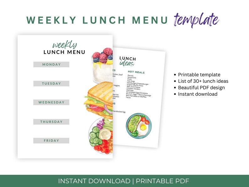 Printable Lunch Menu Template for Homeschool | Weekly Planner + 30 ...