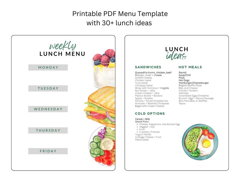 Printable Lunch Menu Template for Homeschool | Weekly Planner + 30 ...