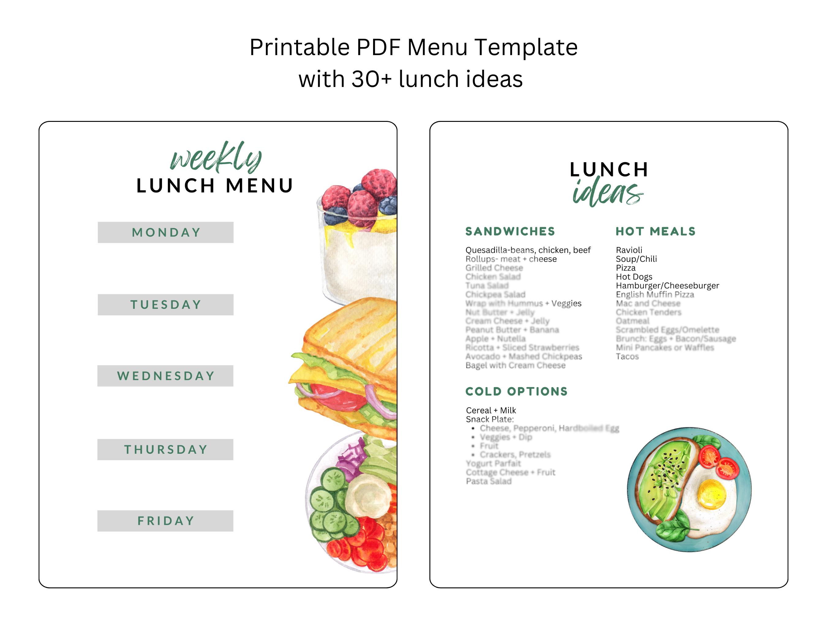 Printable Lunch Menu Template for Homeschool | Weekly Planner + 30 ...