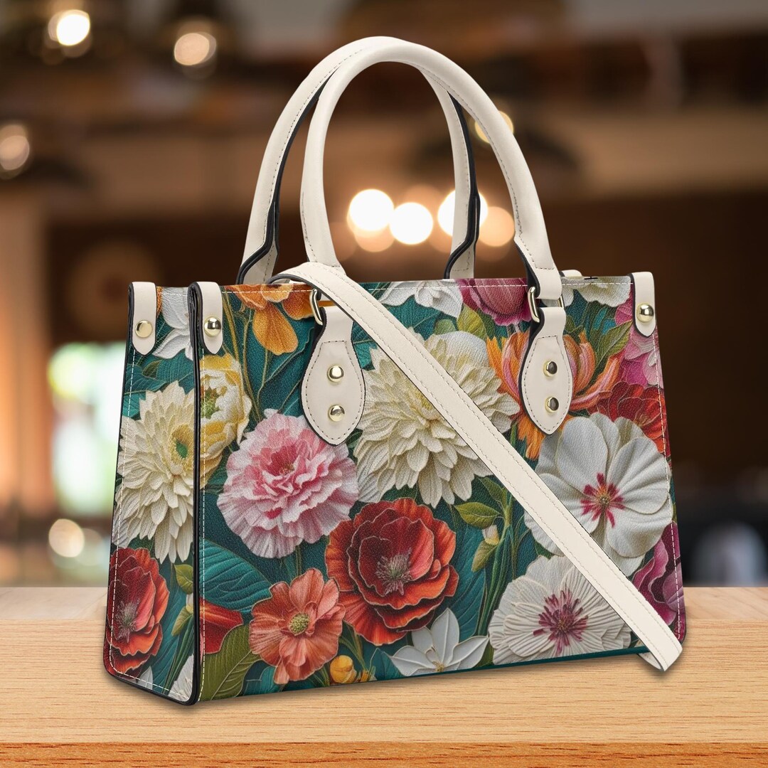 Floral Handbag With Crossbody Strap, PU Leather Crossbody Bag ...