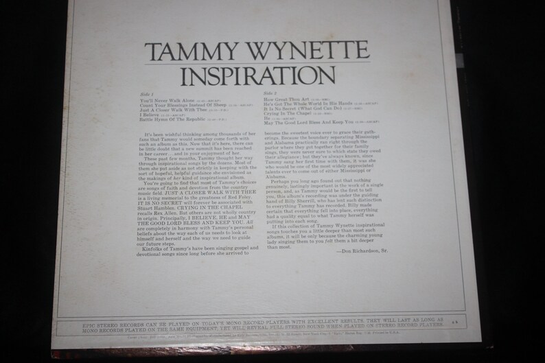 Tammy Wynette "inspiration" LP First Press 1969 Epic BN-26423 Billy ...