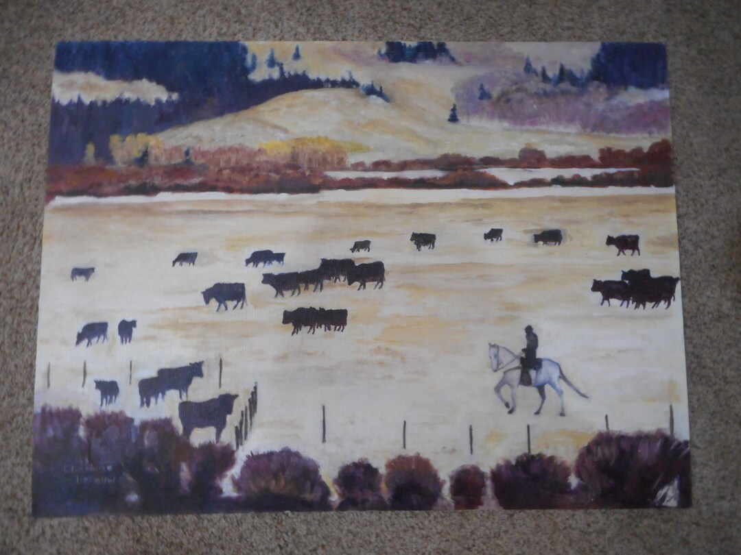 Cowboy With Cattle in Pasture Grazing Yosemite Ranch Style Mid Century ...
