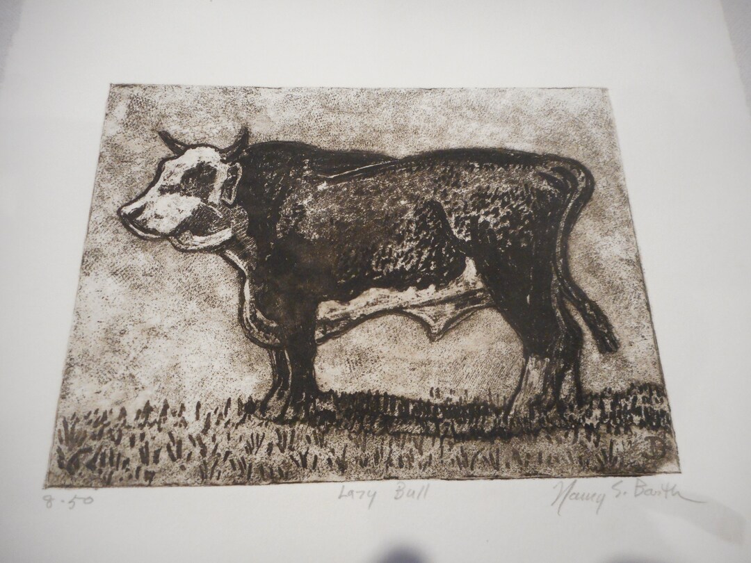Vintage Lazy Bull Intaglio Print - Nancy Barth Mendocino Art - Etsy