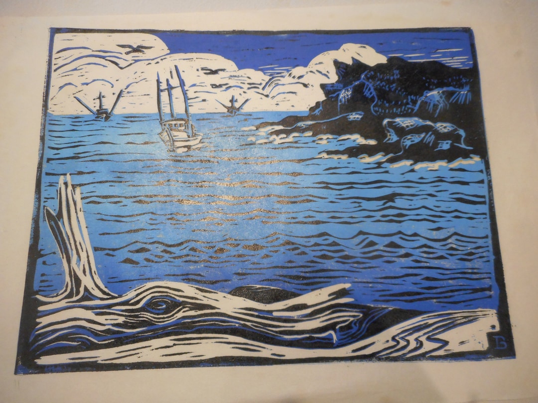 1960's Fishing Boat Mendocino Wood Cut / Linocut Mid Century Original ...