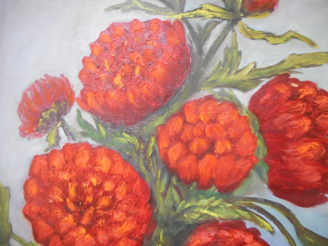 Red Mums in Vase Garden Flowers Mid Century Original Oil Painting - Etsy