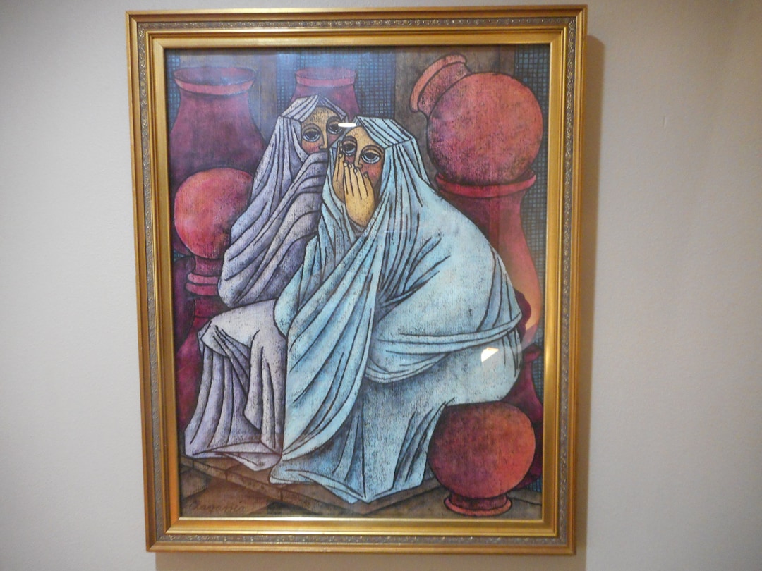 Two Seated Women Mexican Cubist Abstract Mid Century Painting by Jose ...