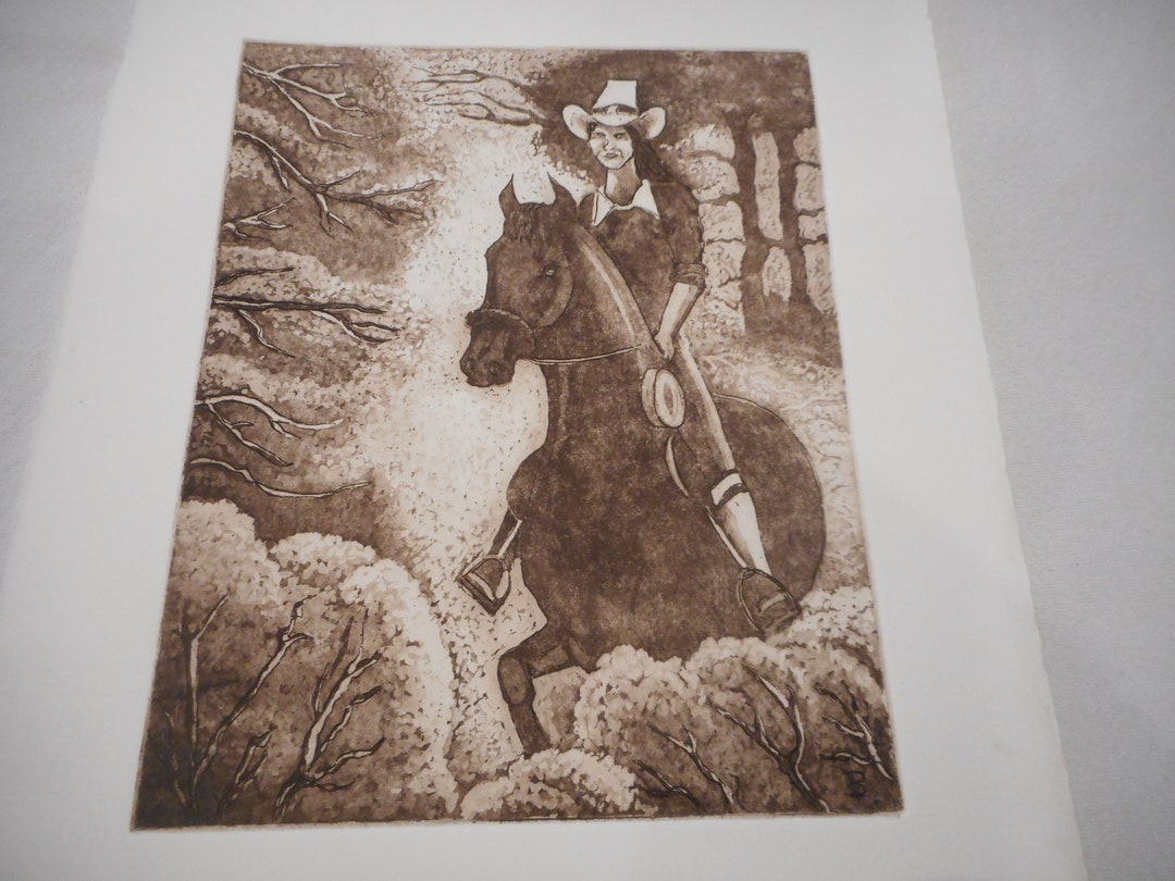 1960's Stylized Woman on Horse Intaglio Print by Mendocino Print Maker ...