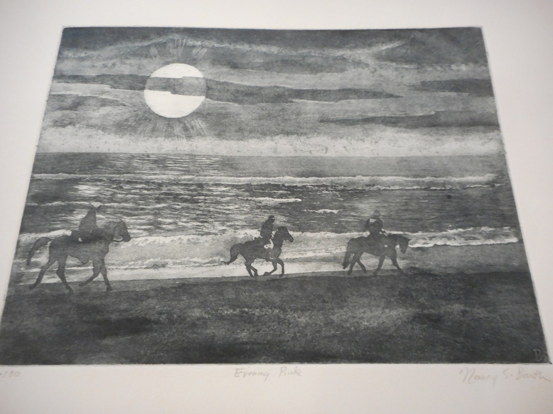 1960's Stylized Evening Ride Horses Intaglio Print by Mendocino Print ...