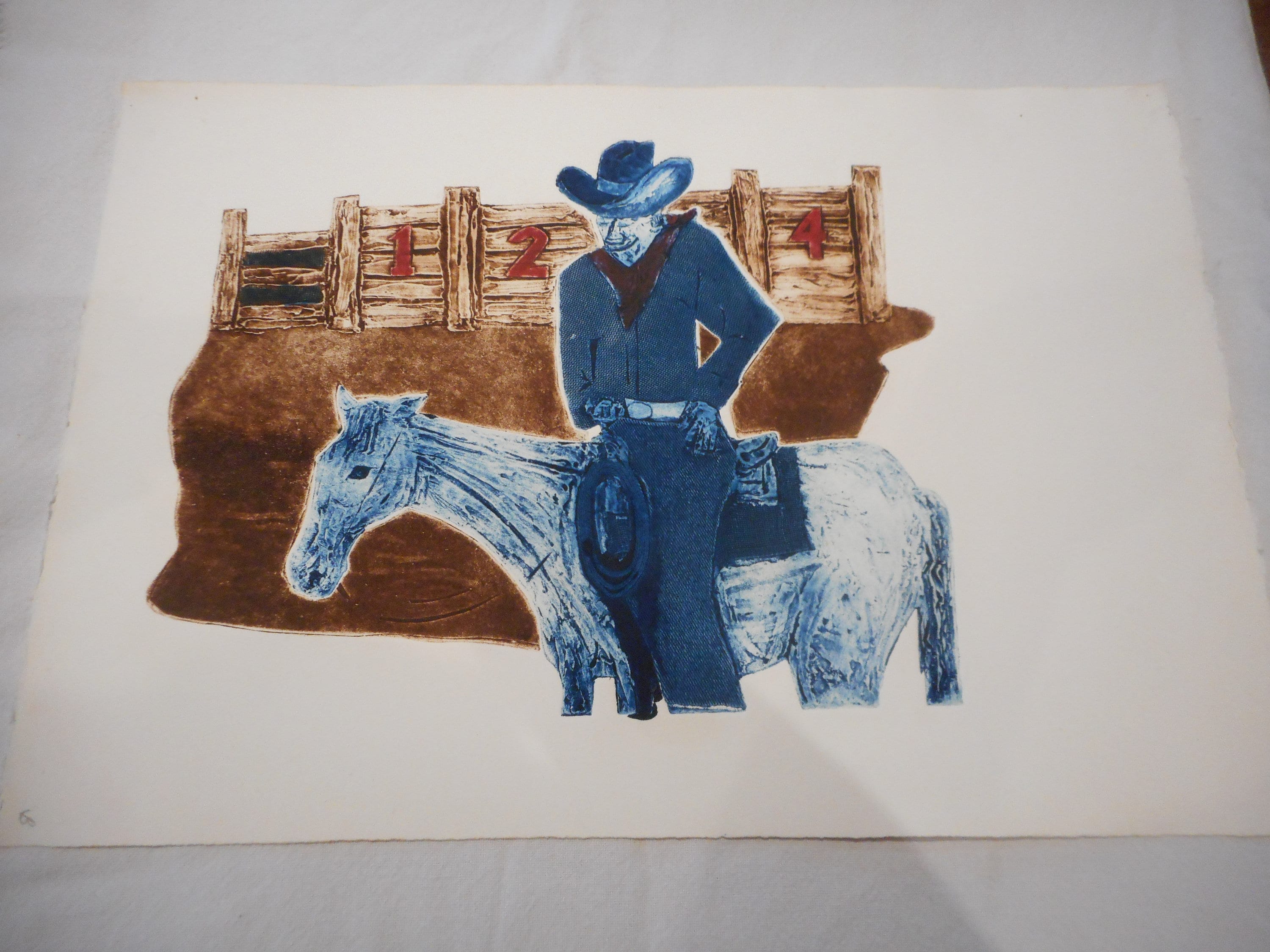1960's Stylized Cowboy on Horse Intaglio Print by Mendocino Print Maker ...