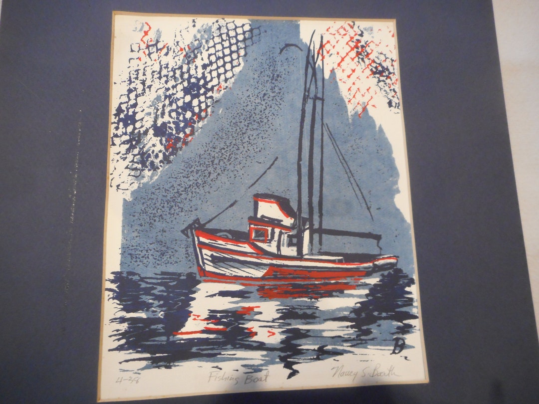 1960's Fishing Boat Mendocino Wood Cut / Linocut Mid Century Original ...
