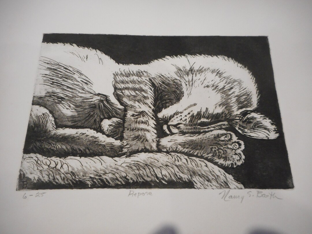 Vintage 1960s Kitty Intaglio Print: Mid-century Modern Cat Art by Nancy ...