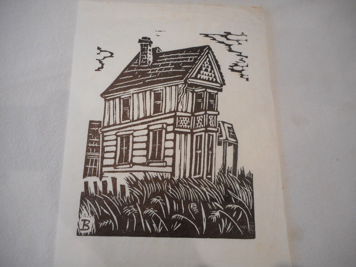 1960's Old House Mendocino Wood Cut / Linocut Mid Century Original ...
