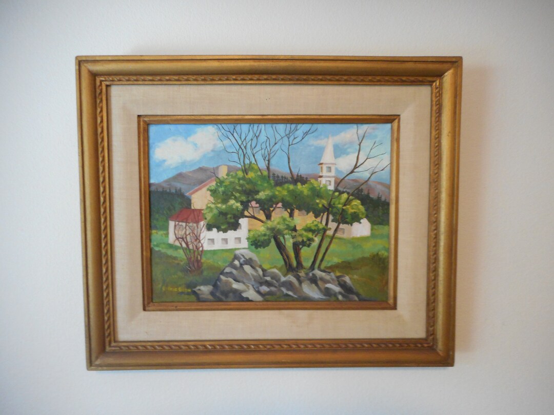 Naive Church and Town Scene Mid Century Original Oil Painting - Etsy
