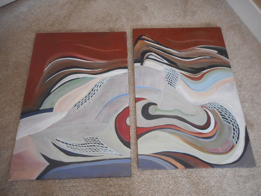 Vintage Dyptich (set of 2) Tri-color Abstract Modernist Original Oil ...