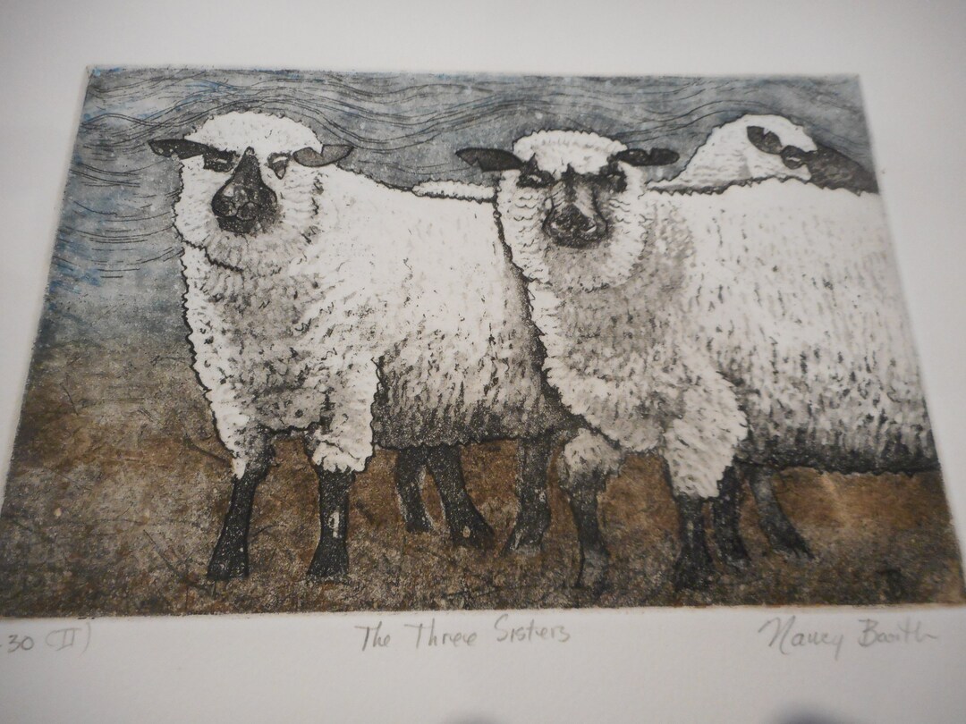 1960's Stylized Three Sisters Sheep Intaglio Print by Mendocino Print ...