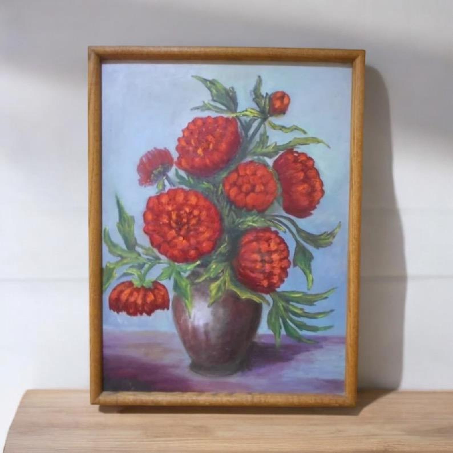 Red Mums in Vase Garden Flowers Mid Century Original Oil Painting - Etsy