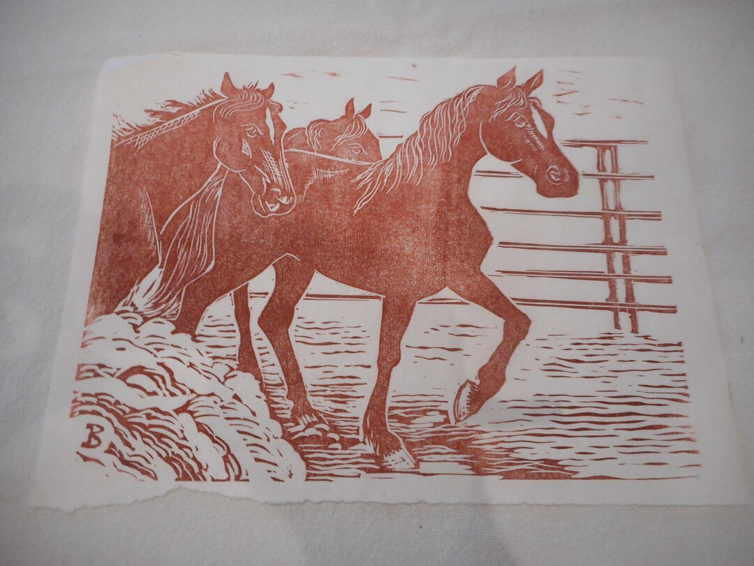 1960's Three Horses Running Mendocino Wood Cut / Linocut Mid Century ...