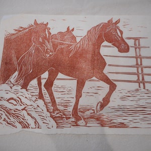 1960's Three Horses Running Mendocino Wood Cut / Linocut Mid Century ...