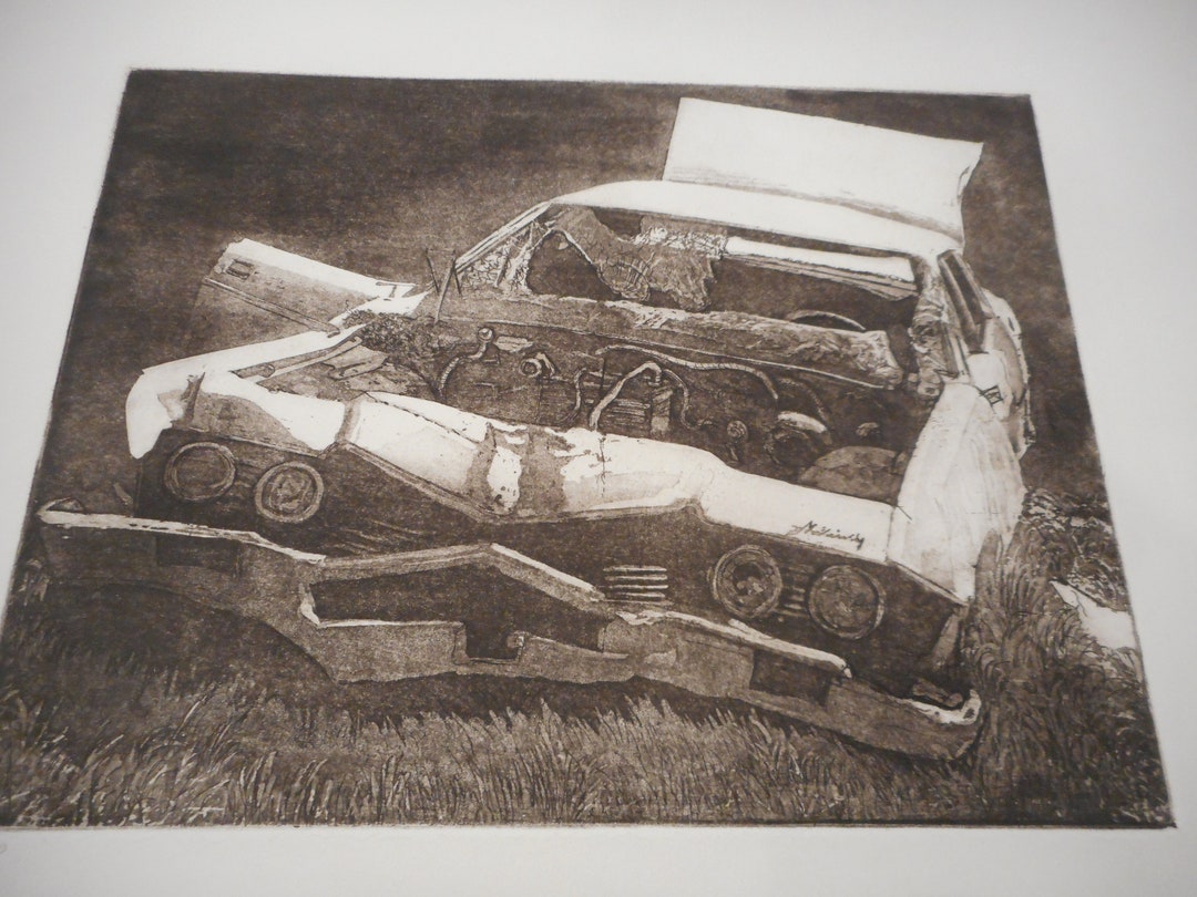 1960s Wrecked Mercury Intaglio Print - Mid Century Original Artwork by ...