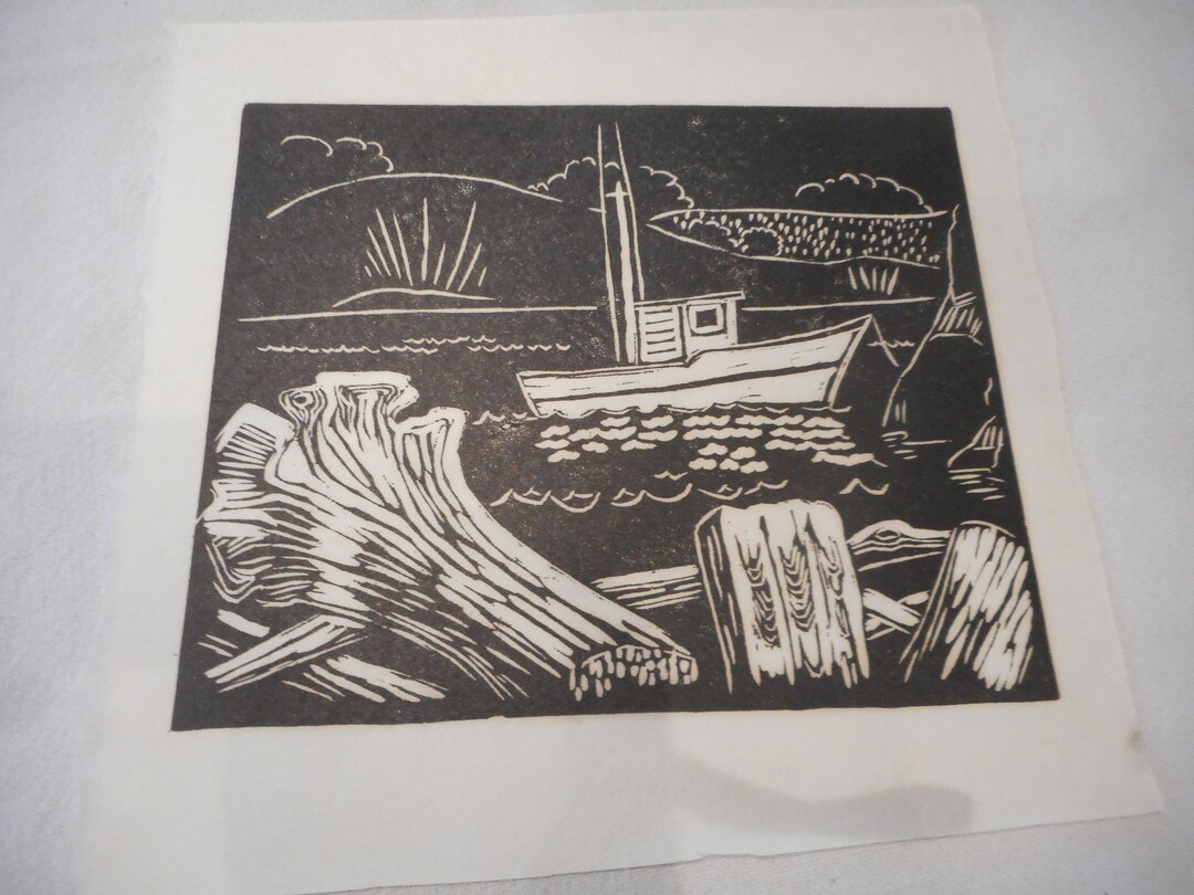 1960's Fishing Boat and Shoreline Mendocino Wood Cut / Linocut Mid ...