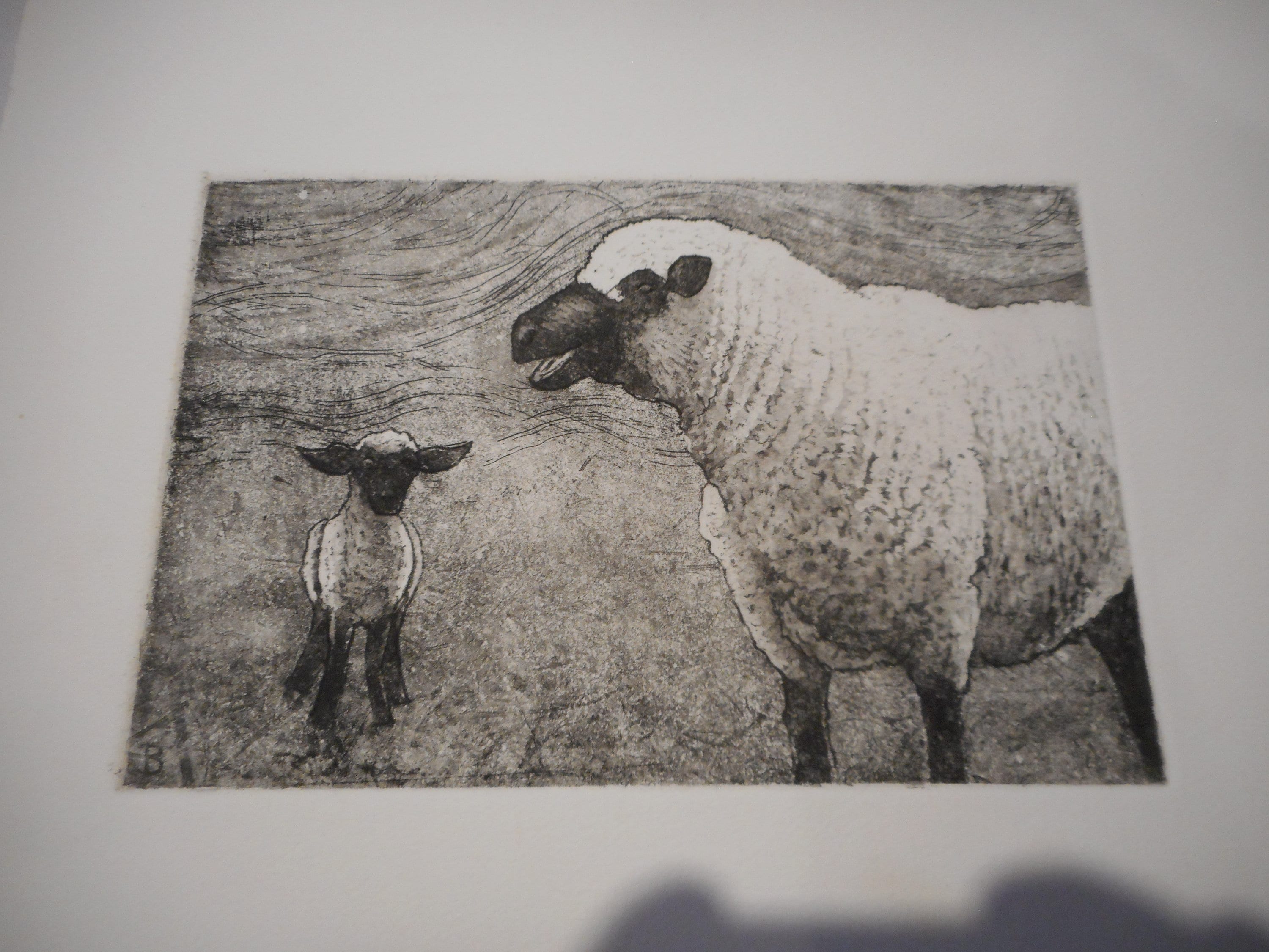 1960's Stylized Flock of Sheep Intaglio Print by Mendocino Print Maker ...