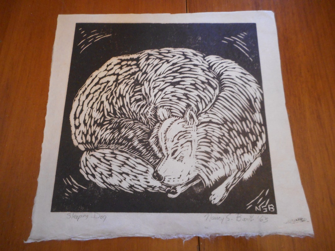 Sleeping Dog 1963 Mendocino Wood Cut / Linocut Mid Century Original ...