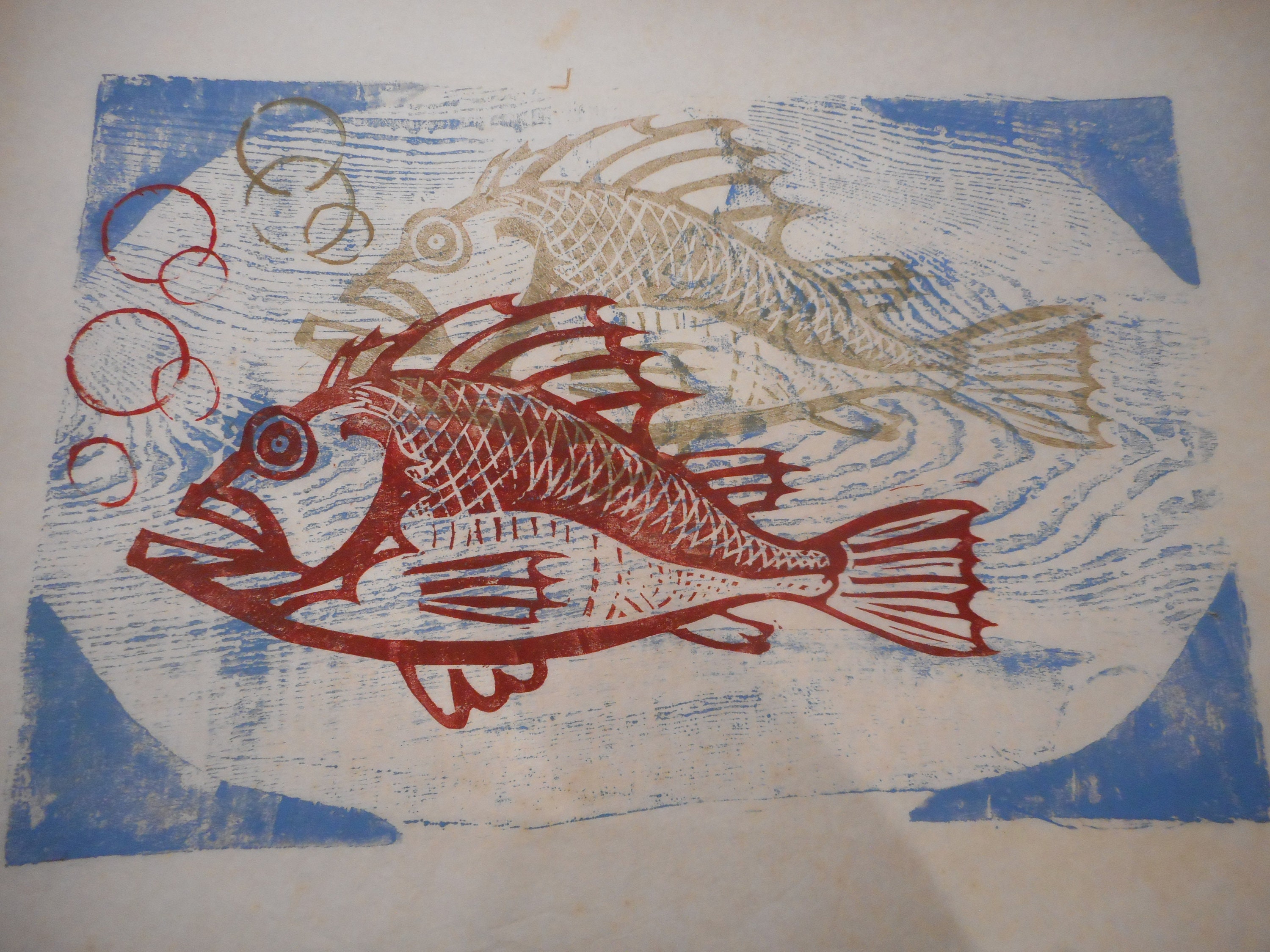 1960's Swimming Fishes Mendocino Wood Cut / Linocut Mid Century ...