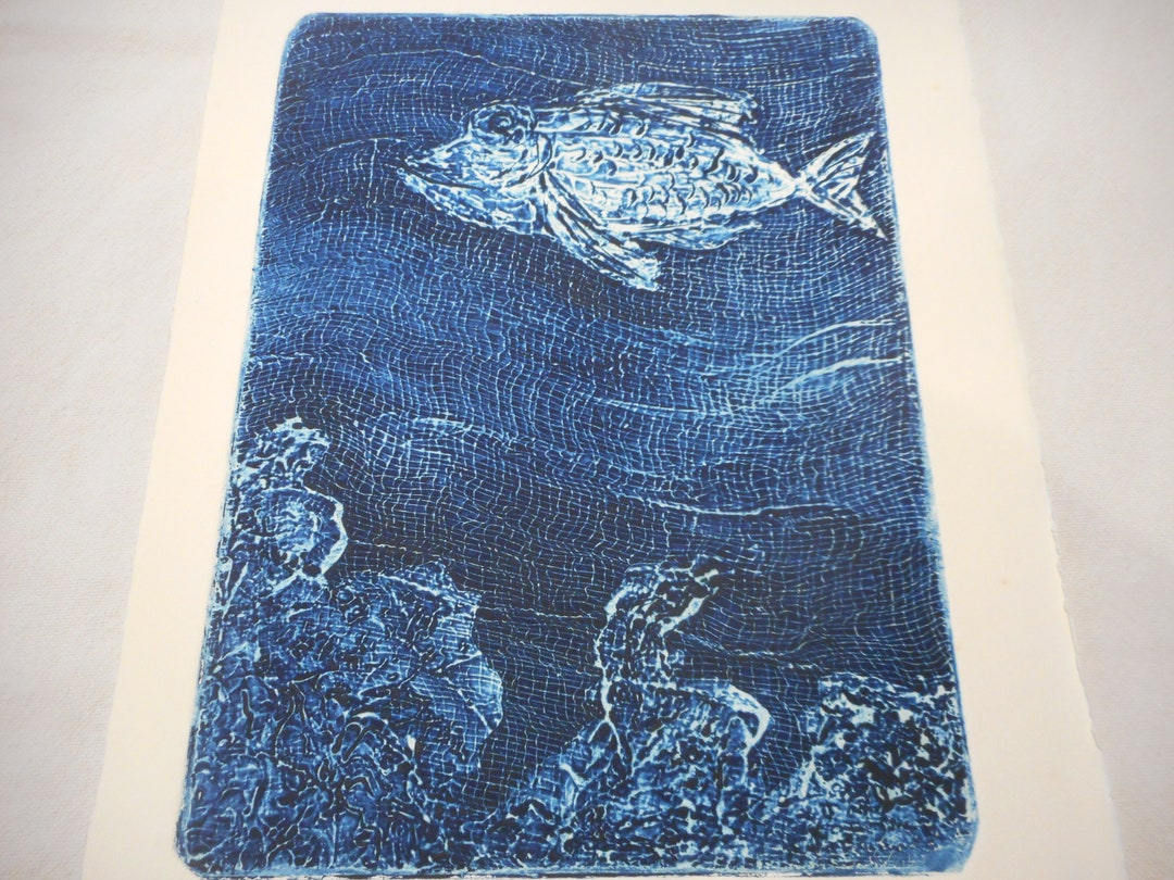 Vintage Blue Fish Intaglio Print - Nancy Barth Mendocino Art - Etsy