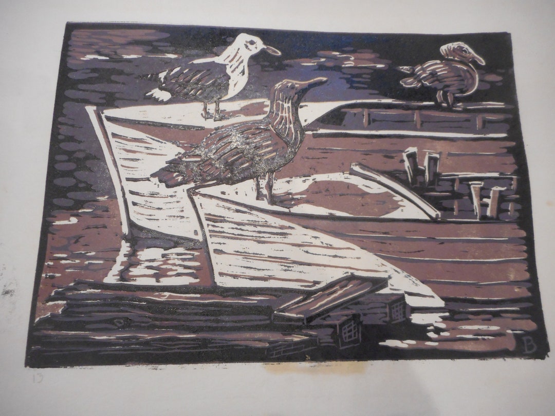 1960's Fishing Boat and Sea Gulls Mendocino Wood Cut / Linocut Mid ...