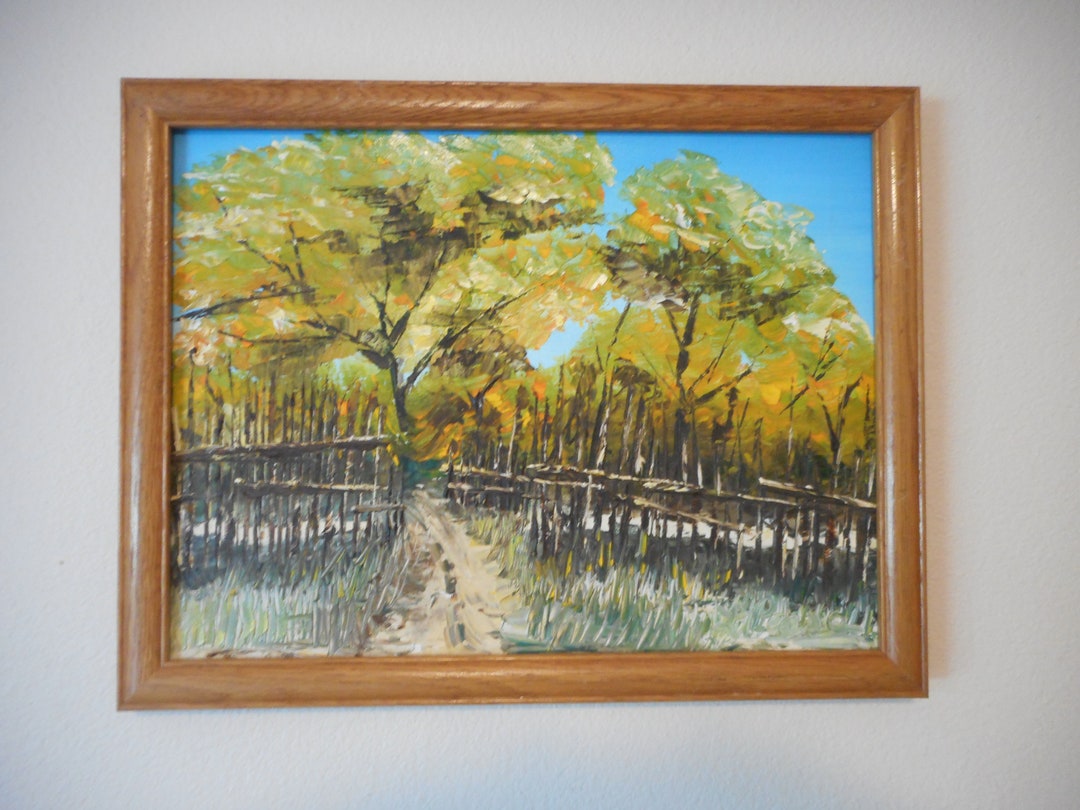 Vintage Impasto Oil Painting: Fence and Pathway Landscape, Framed Art ...