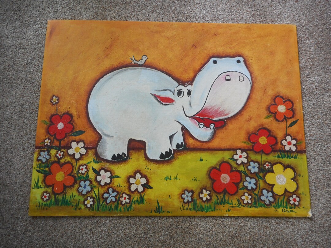 Happy Hippo and Flowers Mid Century Original Oil Painting - Etsy
