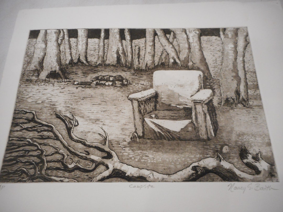 Vintage Campsite Chair Intaglio Print - Nancy Barth Mid Century Artwork ...