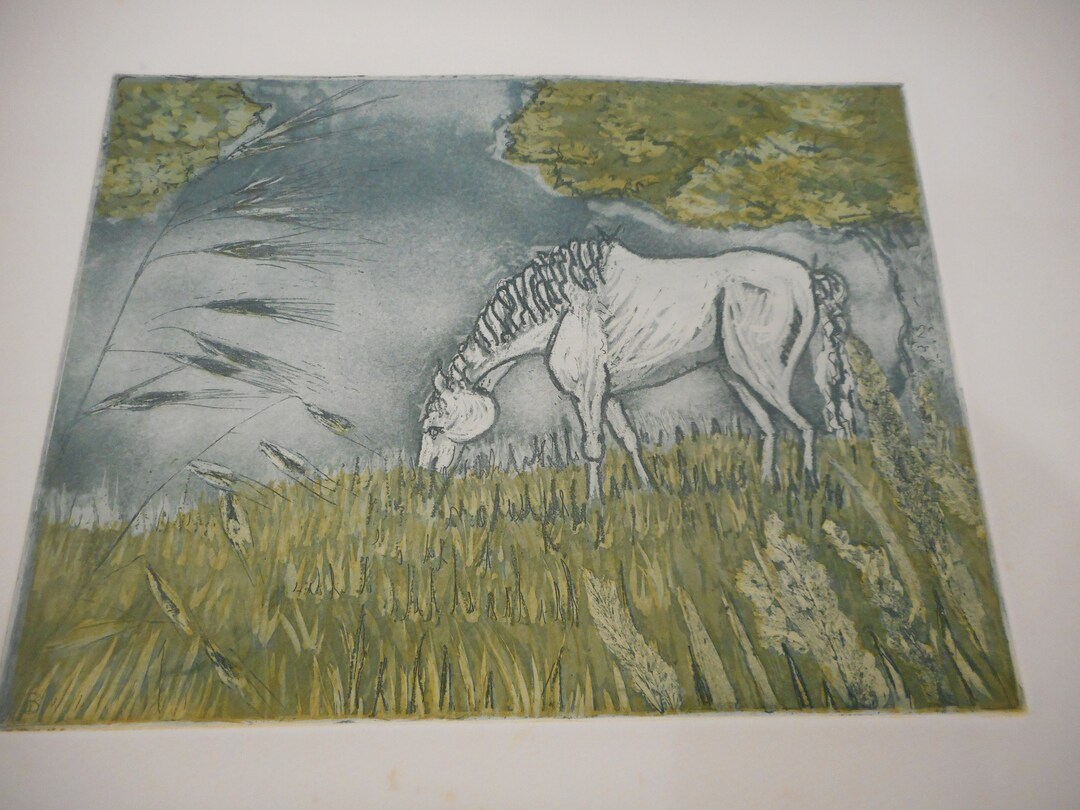 Vintage Nancy Barth Intaglio Print: Stylized Horse at Pasture - Etsy