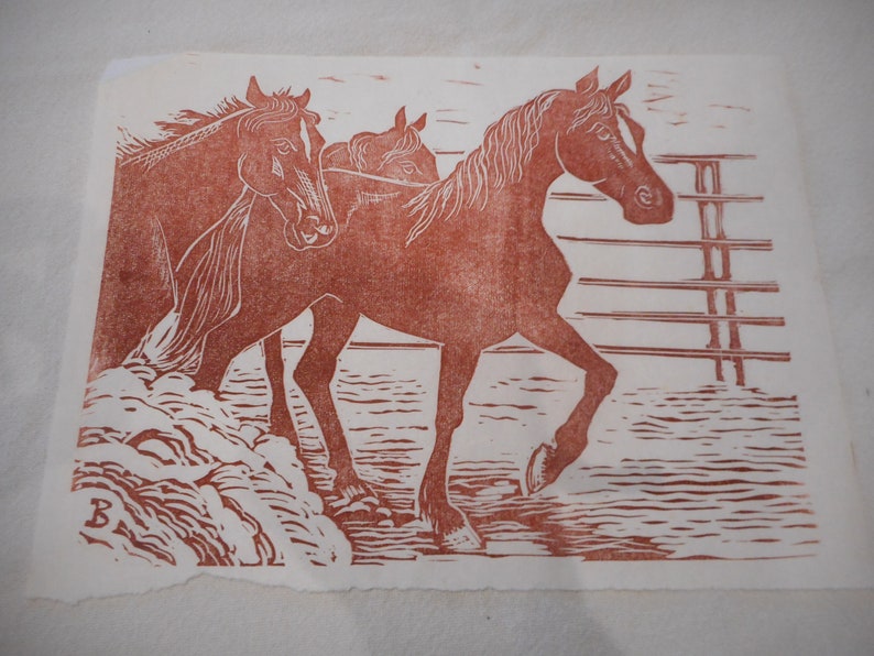 1960's Three Horses Running Mendocino Wood Cut / Linocut Mid Century ...