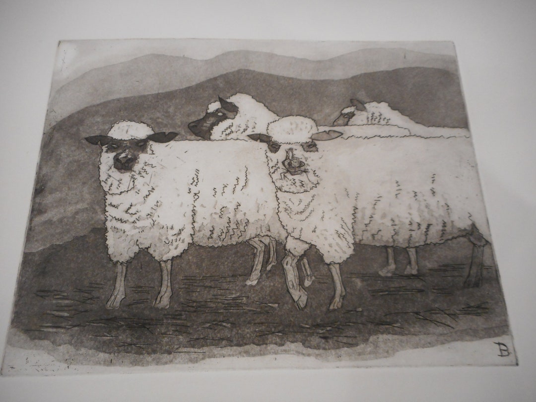 1960's Stylized Flock of Sheep Intaglio Print by Mendocino Print Maker ...