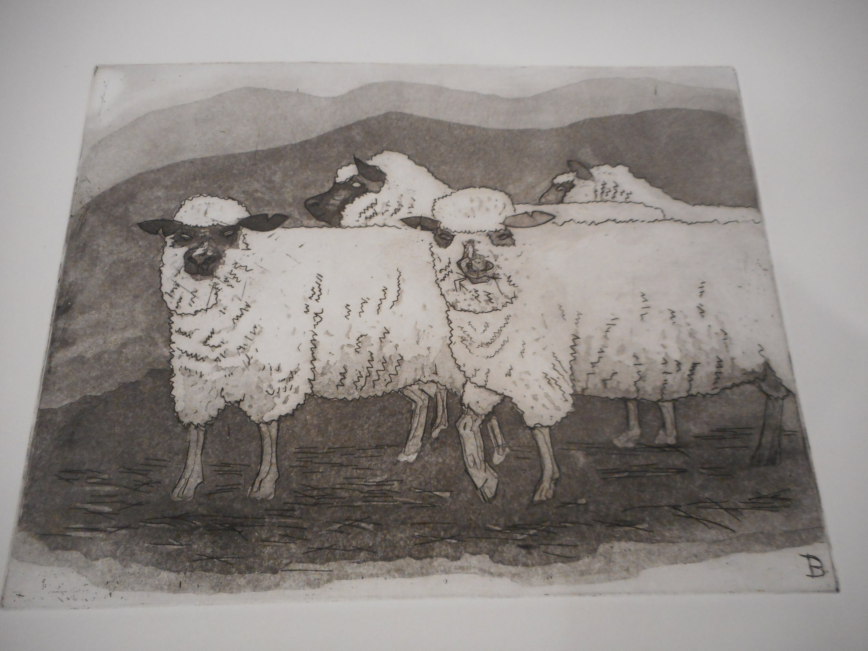 1960's Stylized Flock of Sheep Intaglio Print by Mendocino Print Maker ...