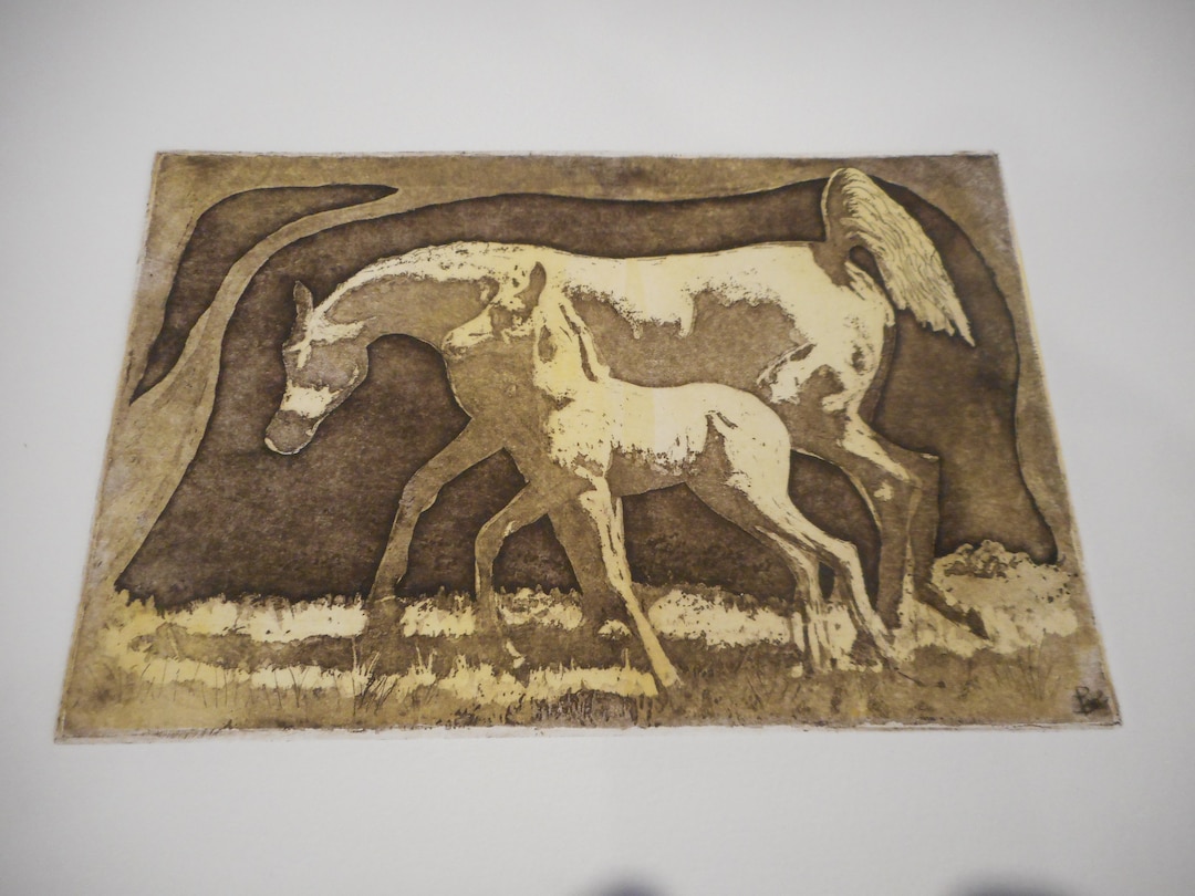 1960's Stylized Horse and Foal Intaglio Print by Mendocino Print Maker ...