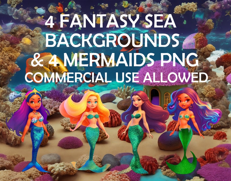 Mermaids Fantasy Backgrounds & Overlays Instant Download, Magical, Sea ...