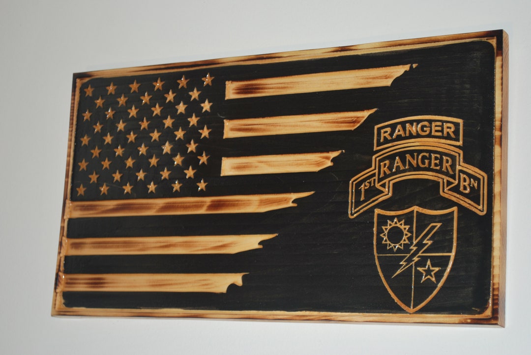 US Army Ranger Flag, Rustic Burnt Wood American Flag, Battalion Patch ...