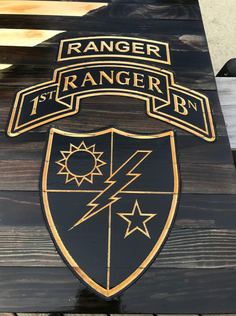 US Army Ranger Flag, Rustic Burnt Wood American Flag, Battalion Patch ...
