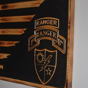 US Army Ranger Flag, Rustic Burnt Wood American Flag, Battalion Patch ...