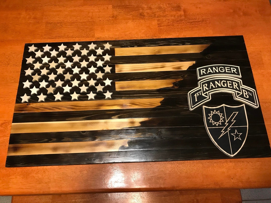 US Army Ranger Flag, Rustic Burnt Wood American Flag, Battalion Patch ...