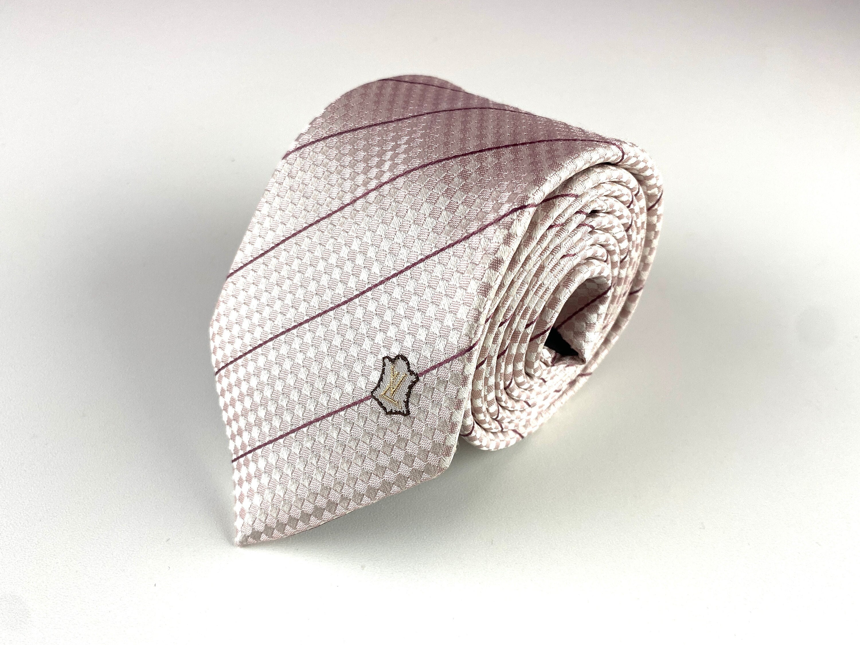 Louis Vuitton Classic Silk Tie Vintage Men's Pink Check Striped Necktie ...