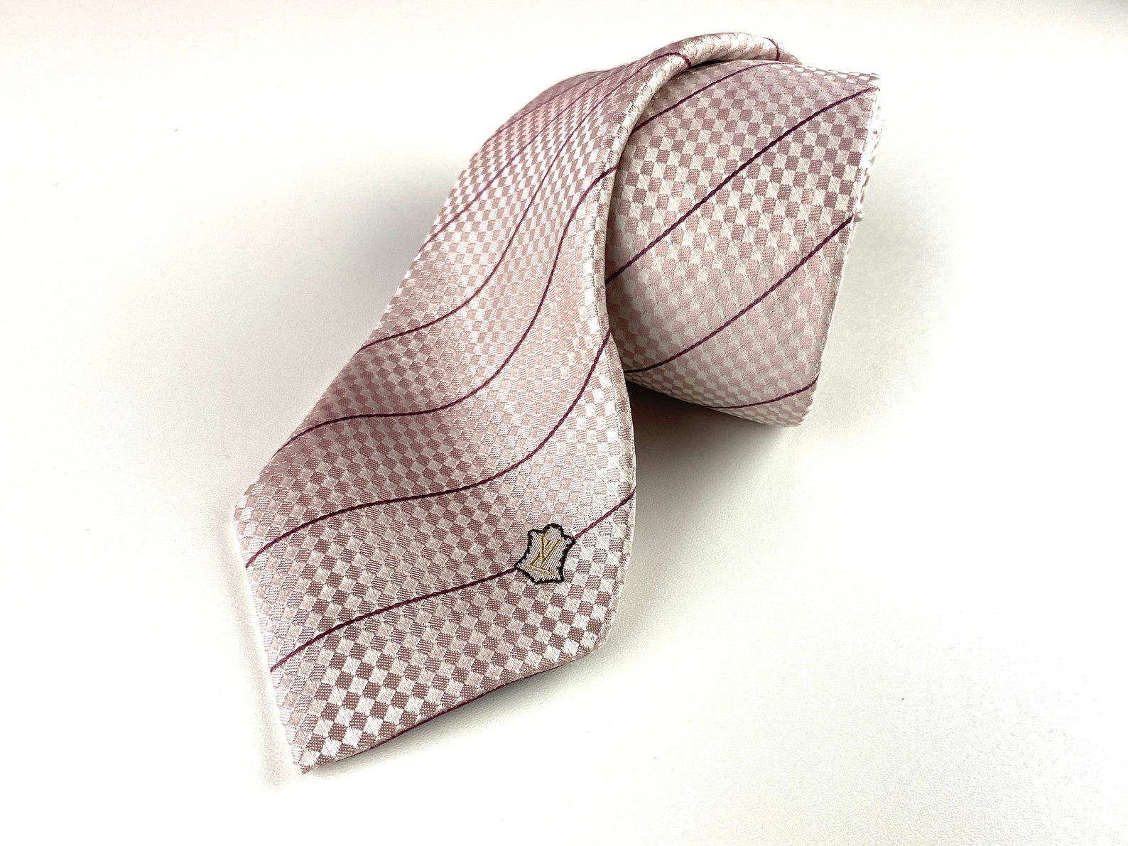 Louis Vuitton Classic Silk Tie Vintage Men's Pink Check Striped Necktie ...